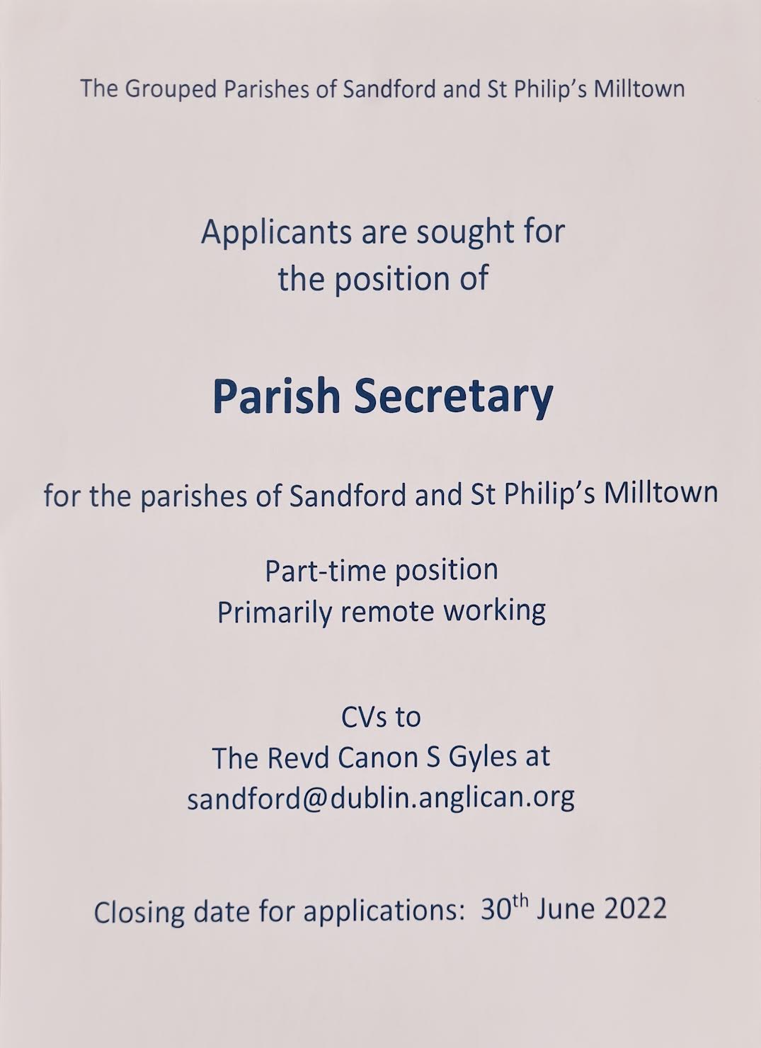Vacancy – Parish Secretary – Sandford and St Philip’s – Dublin - The ...